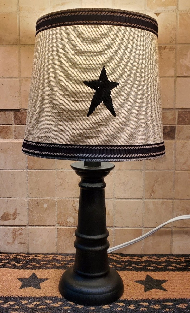Primitive Black Wood Lamp & Burlap Stripe Shade - Etsy