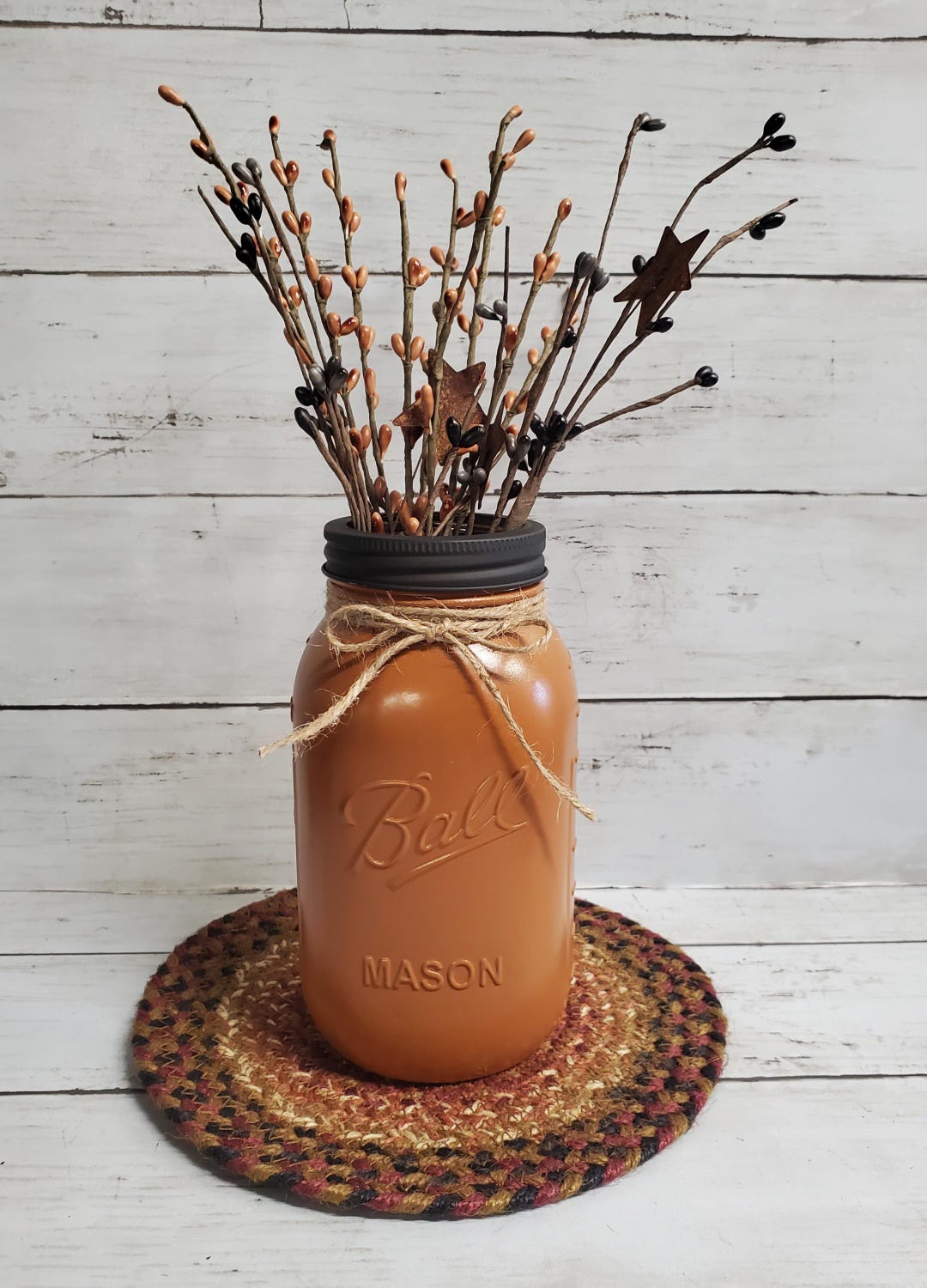 Mason Jar With Pip Berry and Jute Mat Hand Painted Caramel Farmhouse ...