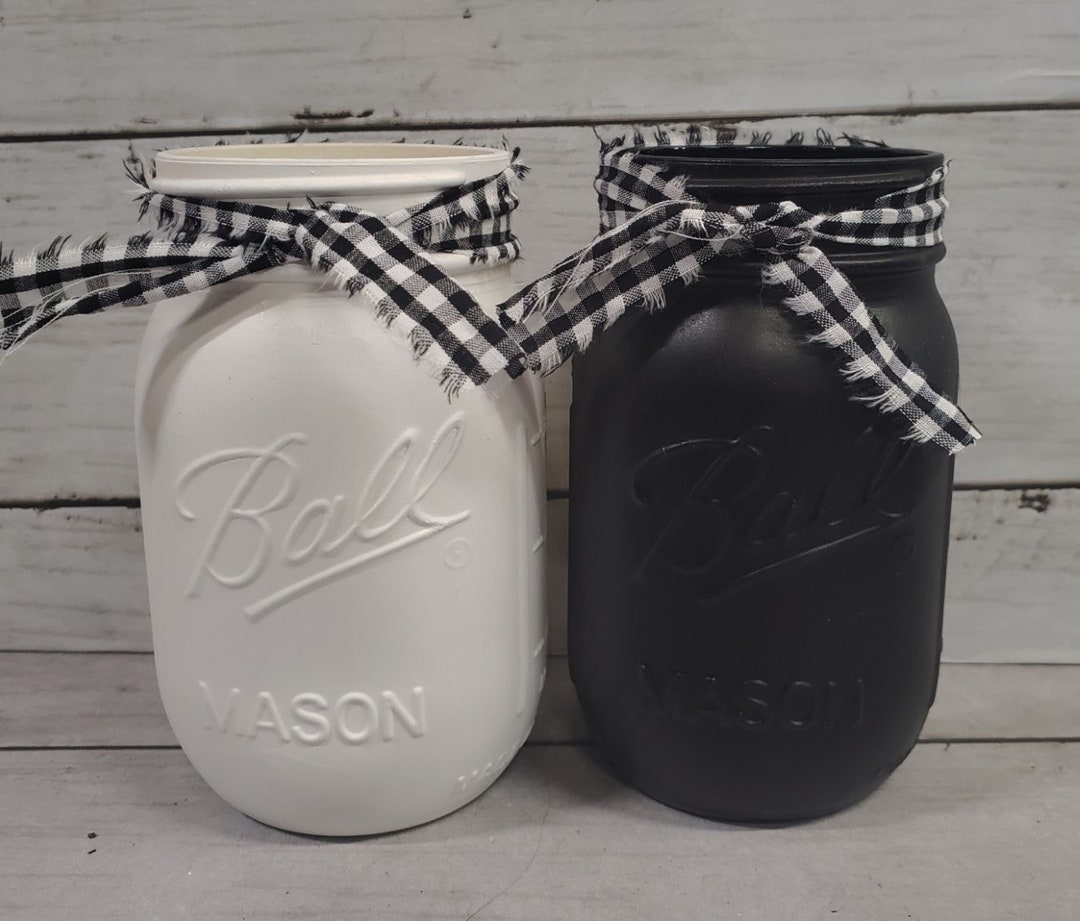 Solid Mason Jar With Buffalo Check Black White Set of 2 Jars Christmas ...