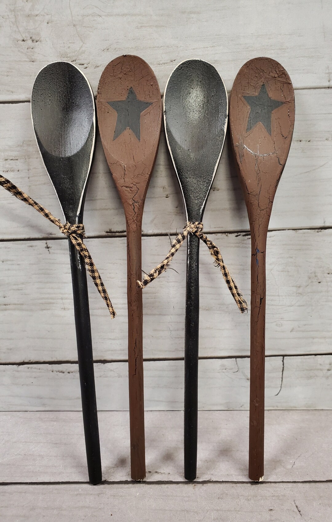 4 Wood Spoons With Primitive Black Stars Crackle Painted Brown or ...