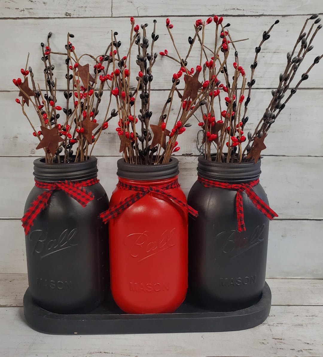 Buffalo Check Mason Jar Set, Pip Berry Wood Tray Black Red Masons ...
