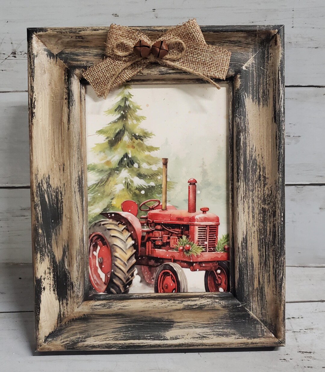 Rustic Framed Red Tractor Print Burlap Bow Rusty Jingle Bell Primitive ...