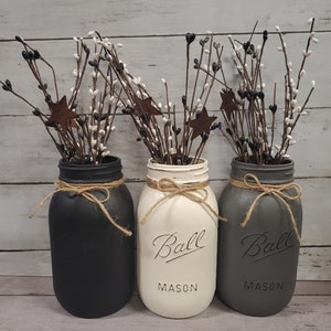 Farmhouse Neutral Mason Jar Set With Wood Tray & Pip Berries Black ...