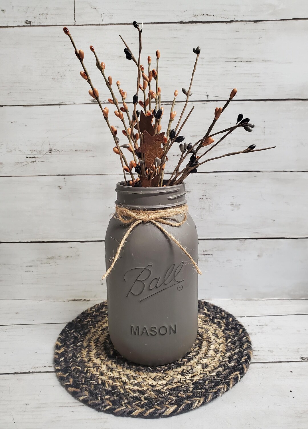 Mason Jar With Pip Berry and Jute Mat Distressed Elephant Gray ...