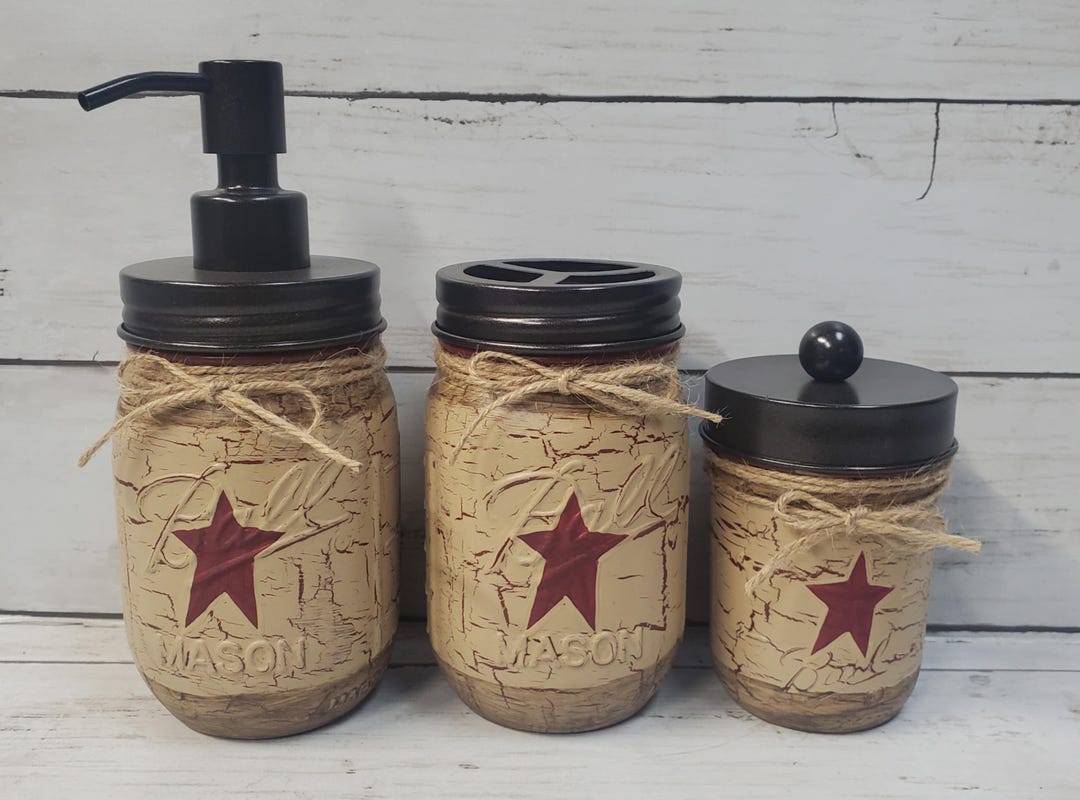 Primitive Mason Bathroom Set 3pc Crackle Painted Tan With Burgundy ...