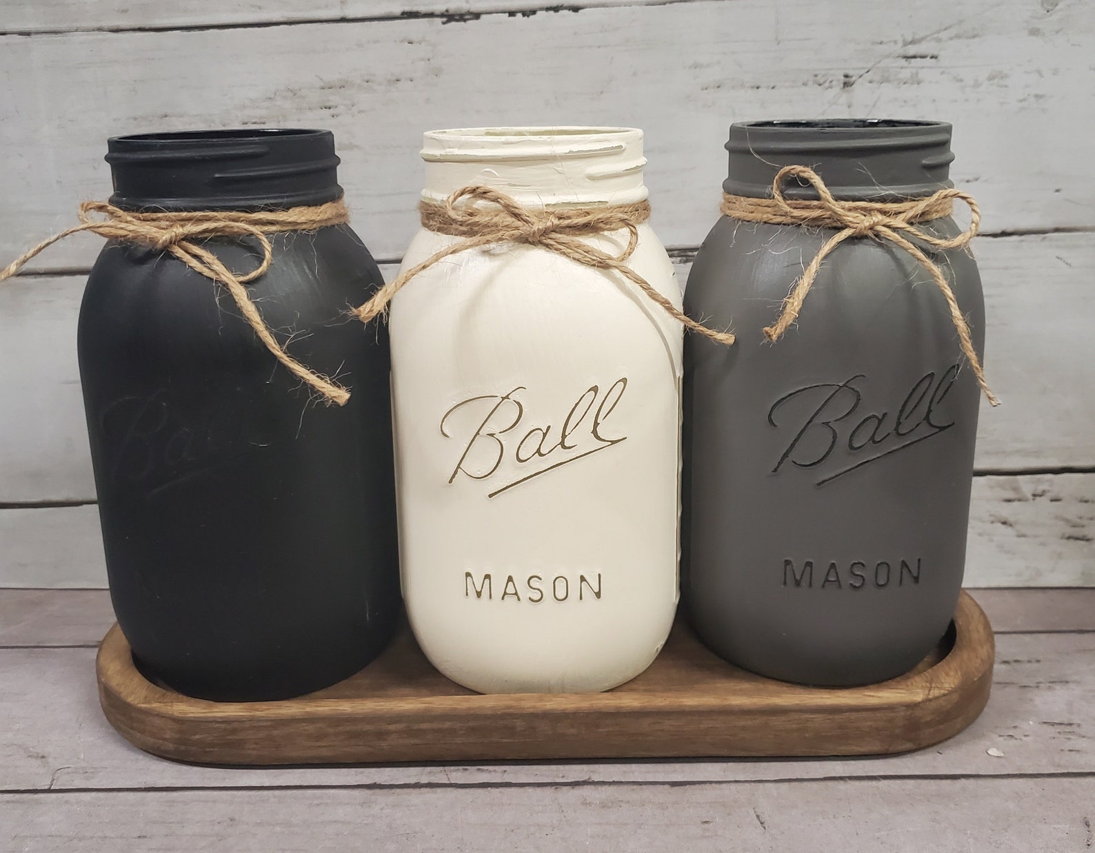 Farmhouse Neutral Mason Jar Set With Wood Tray & Pip Berries Black ...