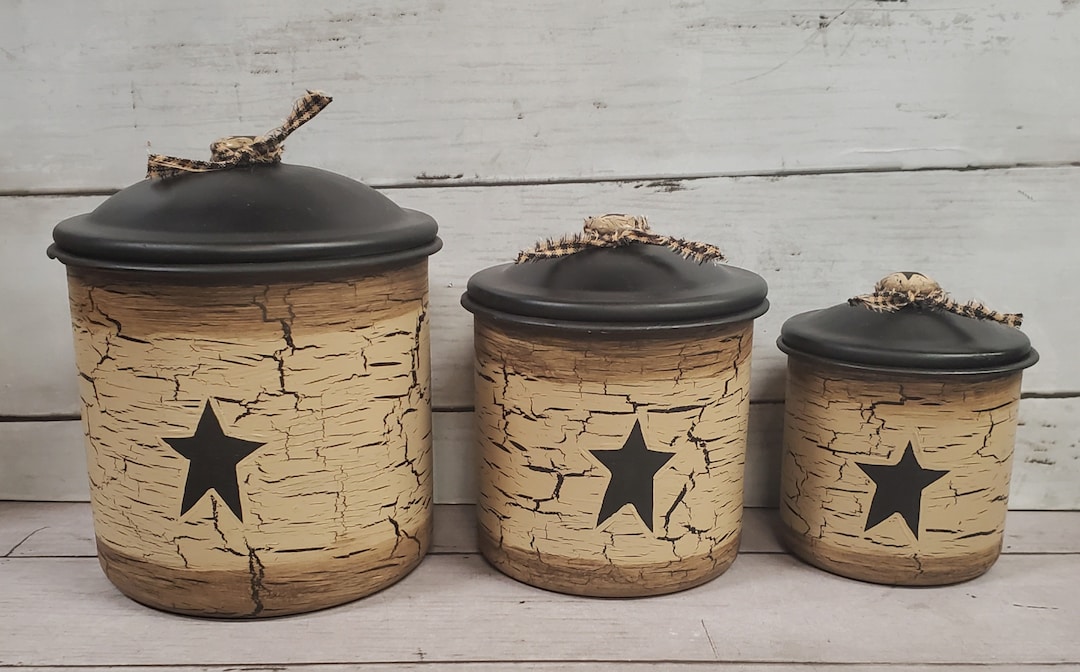 Crackle Painted W/ Black Stars Primitive Metal Canisters Set of 3 ...