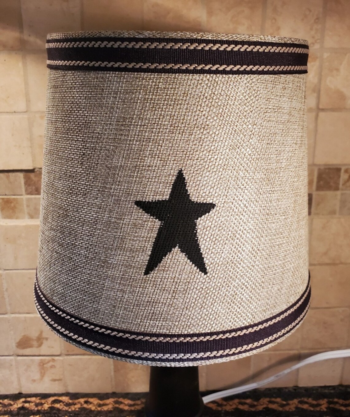 Primitive Black Wood Lamp & Burlap Stripe Shade - Etsy