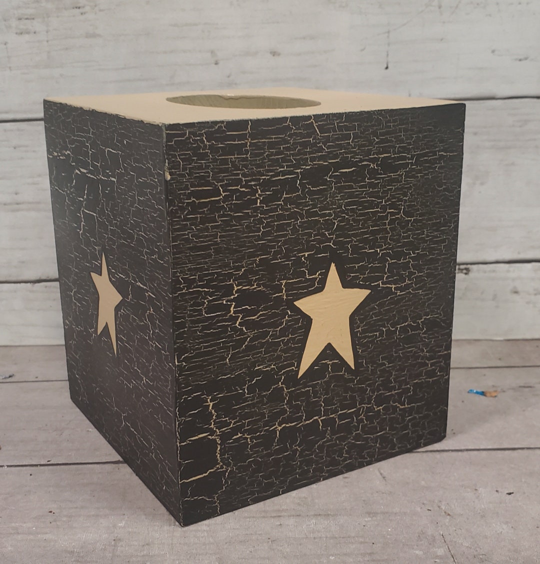Primitive Wood Tissue Box Cover Crackle Painted Black With Tan Stars or ...