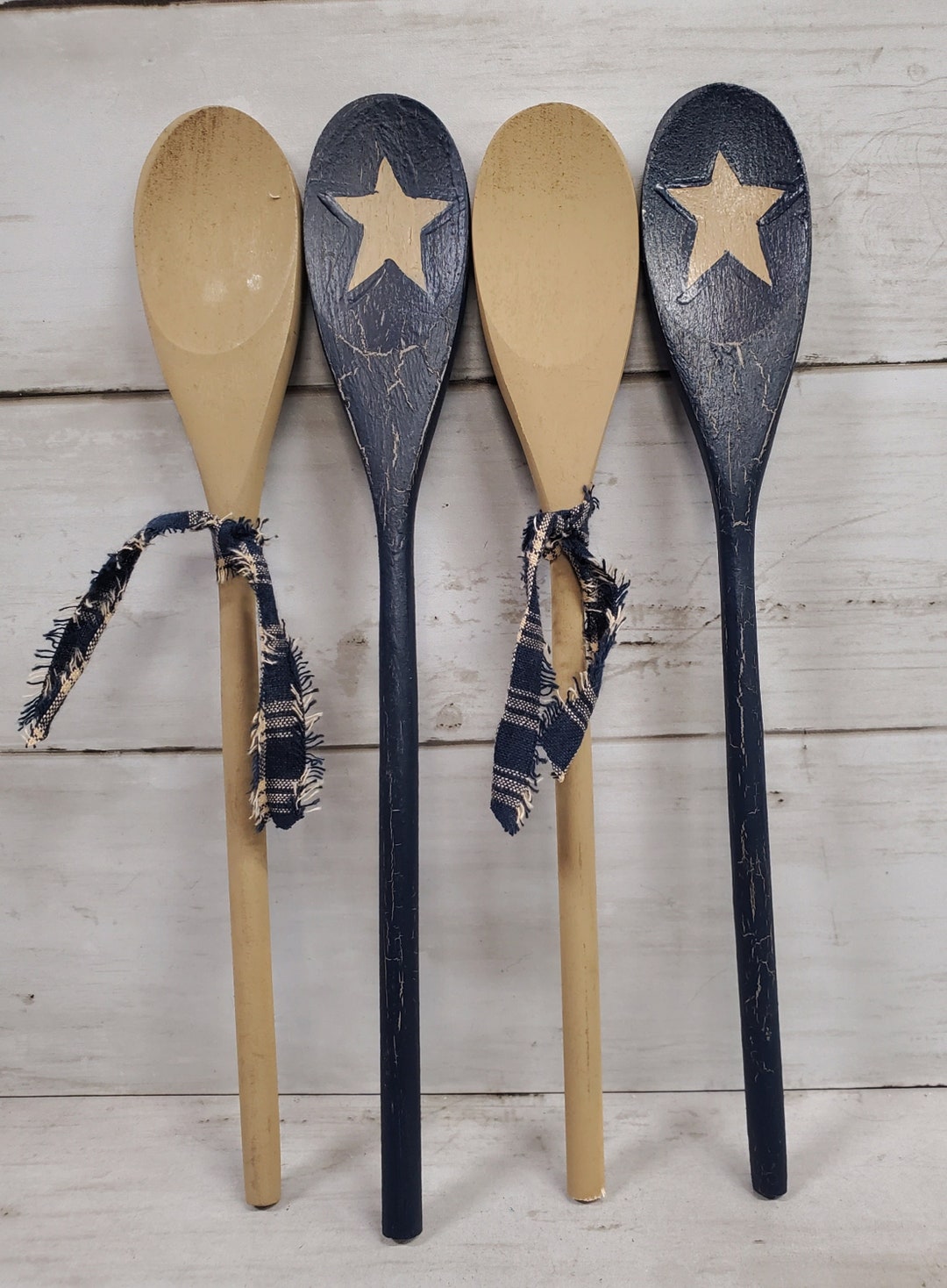 Wood Spoons Crackle Painted Tan With Primitive Navy Stars Set of 4 More ...