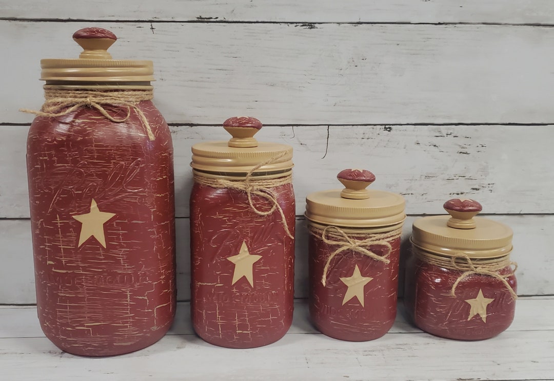 Mason Jar Canister Set of 4 Primitive Crackle Painted Tan W/black Stars ...