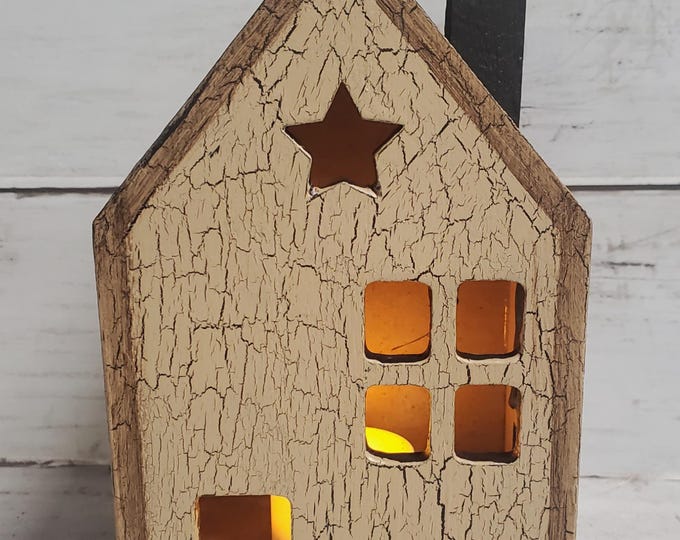 Lighted Wood Saltbox House Crackle Painted Tan With Primitive Star ...