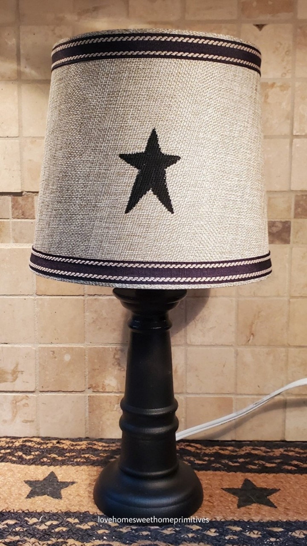 Primitive Black Wood Lamp & Burlap Stripe Shade - Etsy