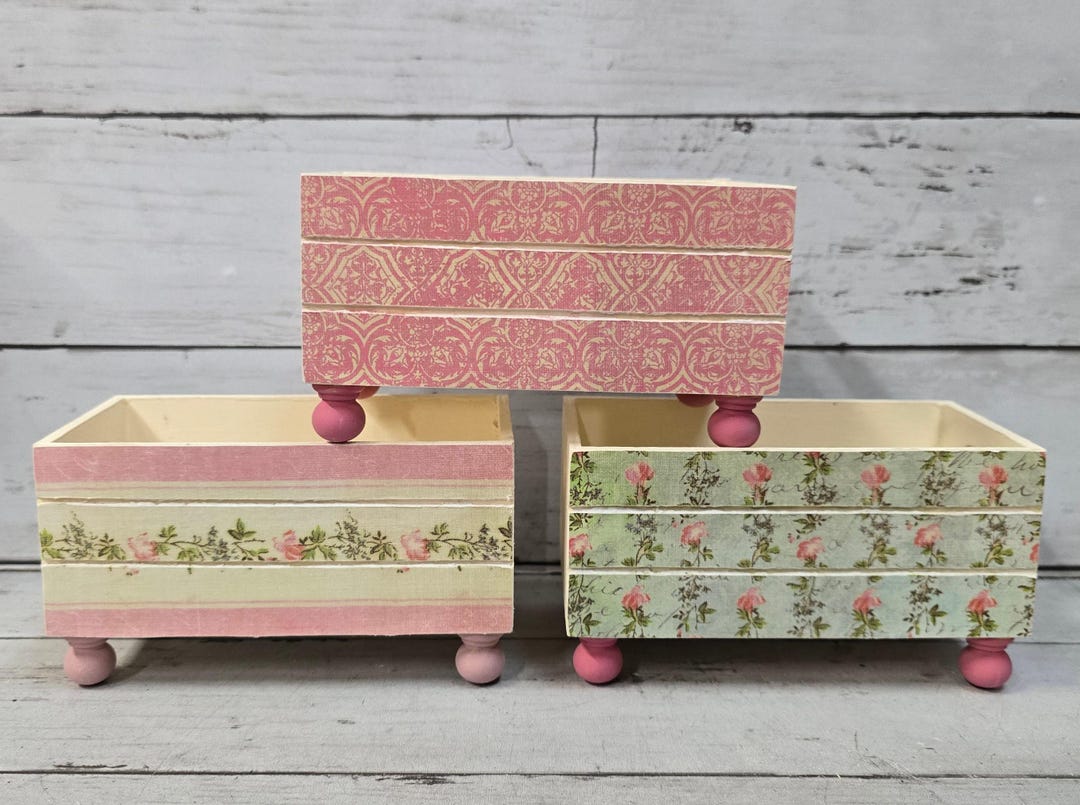 Shabby Chic Wood Box Crate Footed Pink Floral Tiered Tray Decor Shelf ...