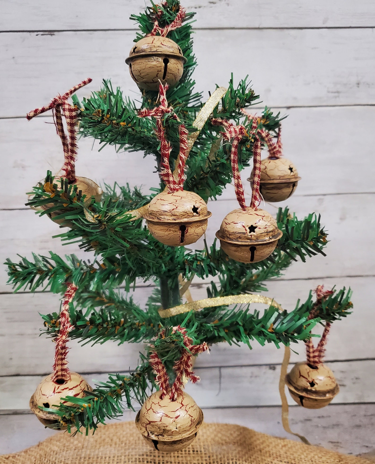 Primitive Jingle Bell Christmas Ornaments Crackle Painted Tan/burgundy ...