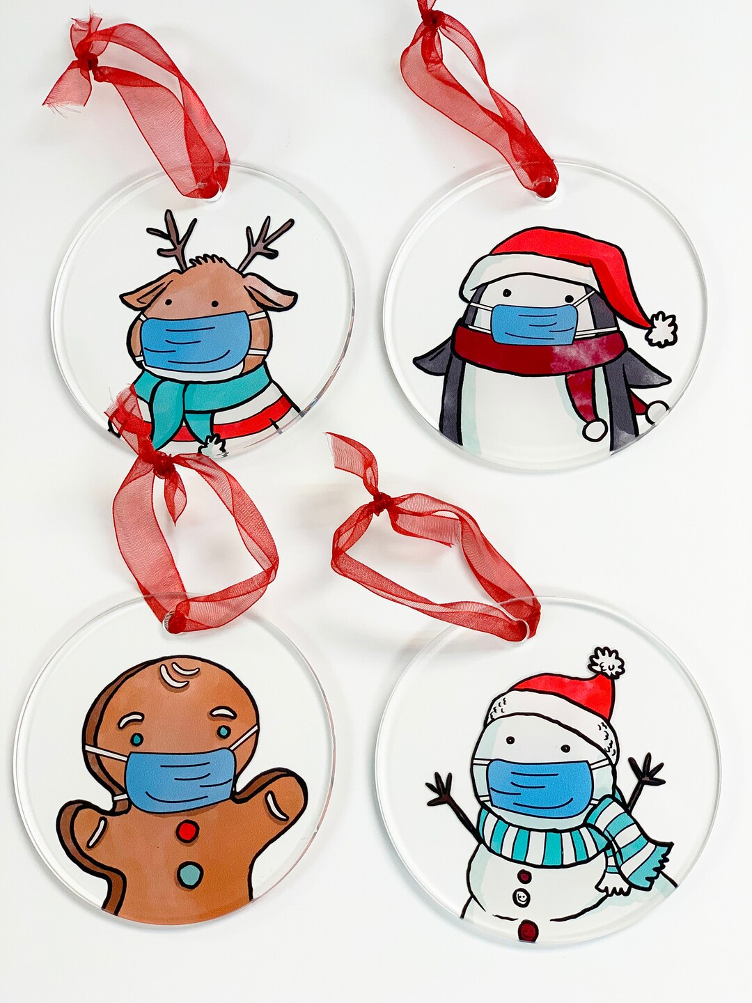 Christmas Animals in Face Mask Printed Set of 4 Acrylic Tree Ornaments ...