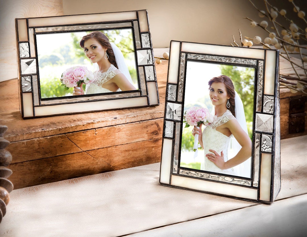 White Wedding Picture Frame 4x6 Photo Horizontal Vertical Stained Glass ...