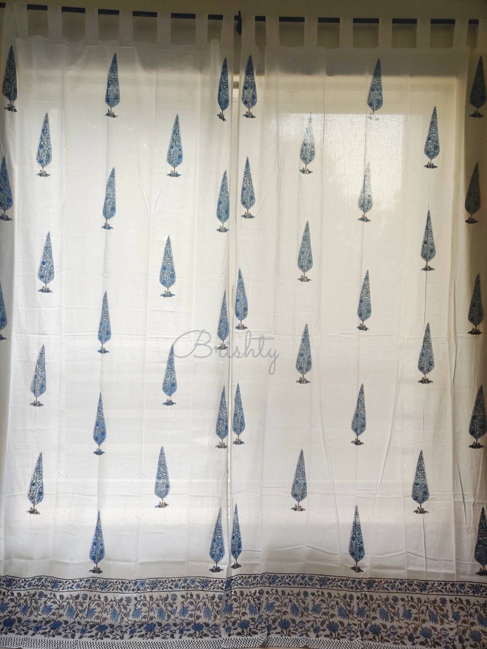 Blue Floral Block Print Curtain Panels • Lightweight Cotton Curtains ...
