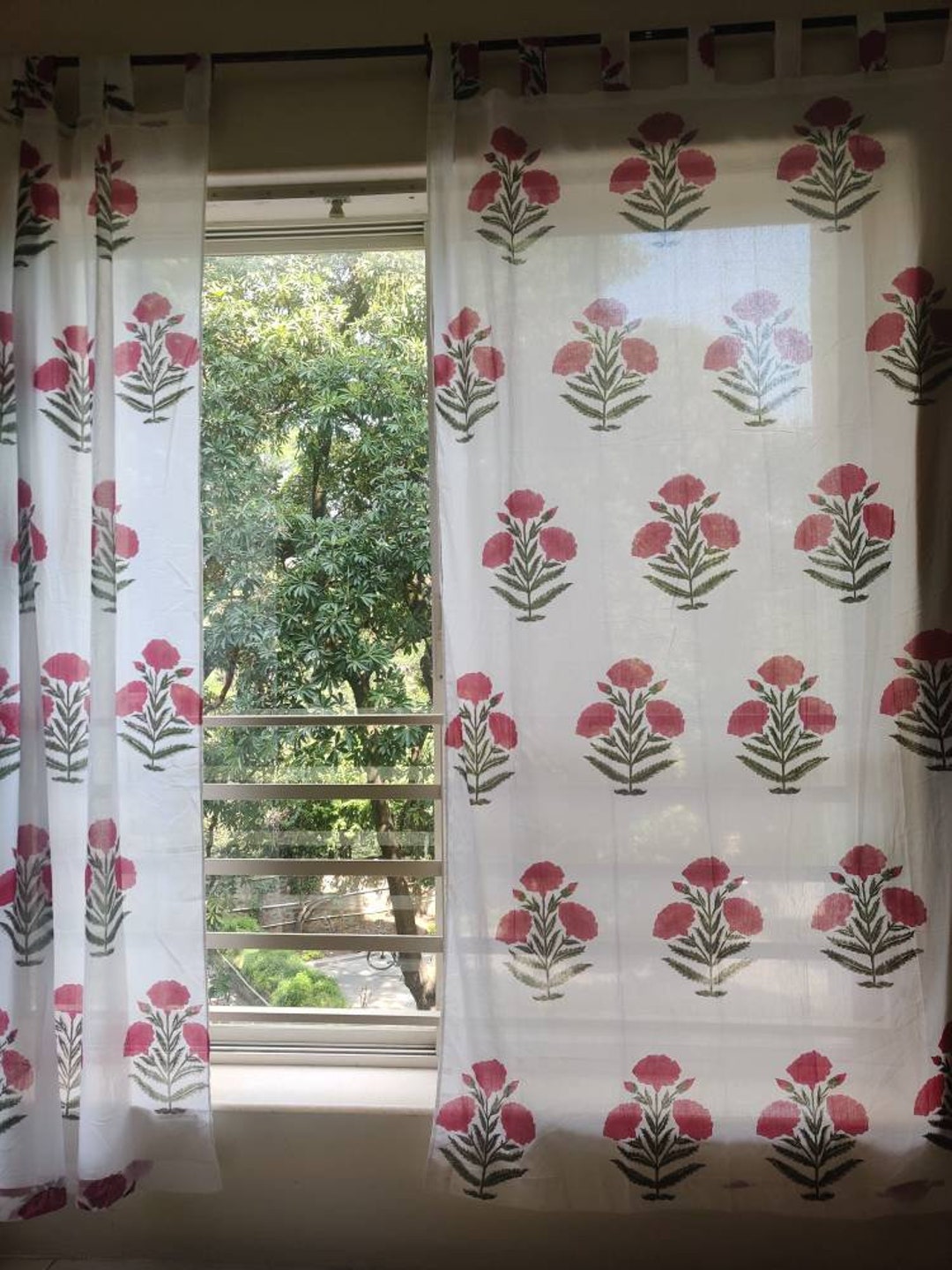 Red Poppy Floral Block Printed Curtains, Bohemian Summer Curtains ...