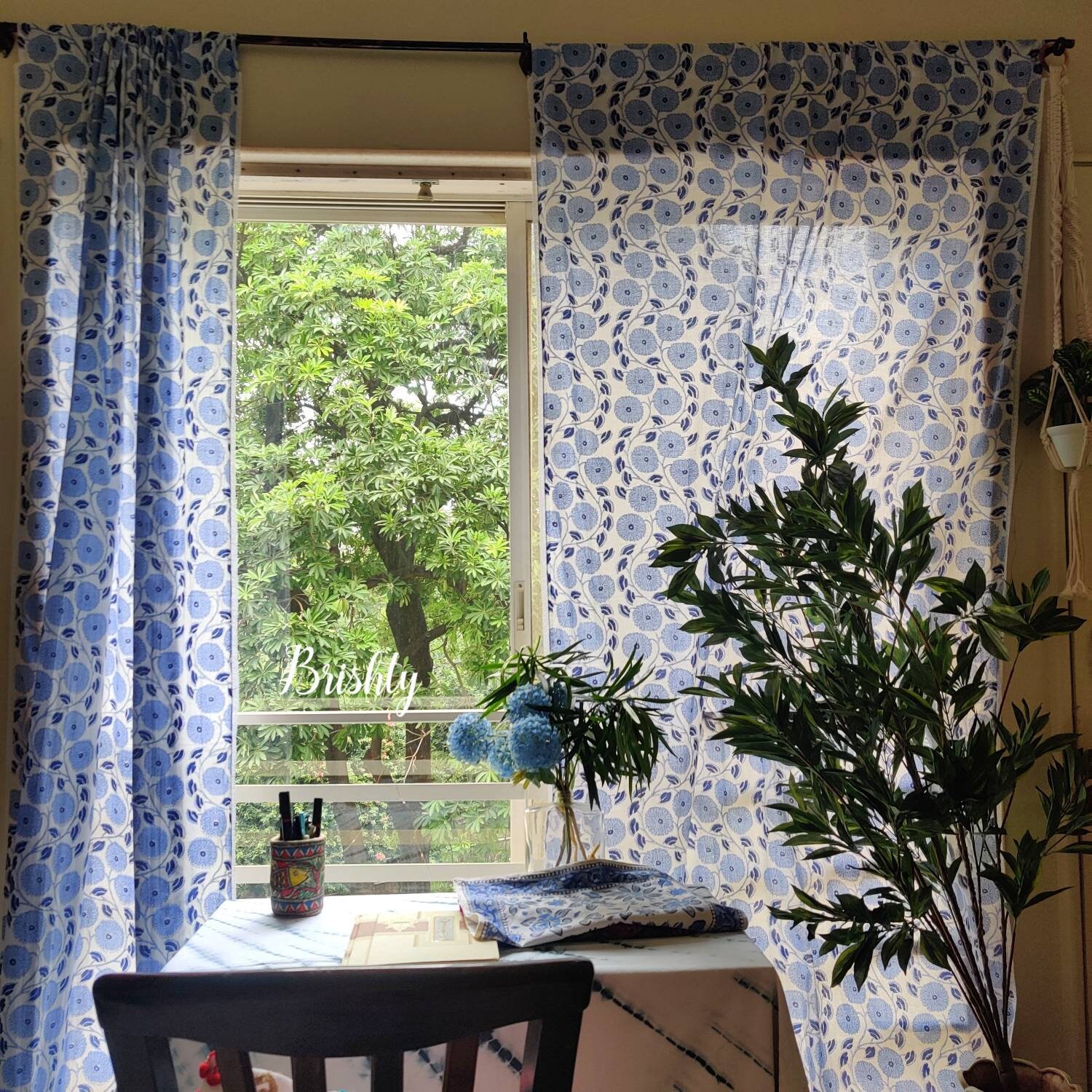 Blue and white floral curtains minimal white bedroom decor | Etsy