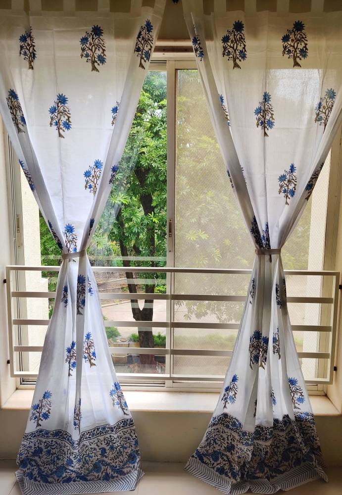 Hand Block Printed Blue Floral Curtains With Border, Blue White Sheer ...