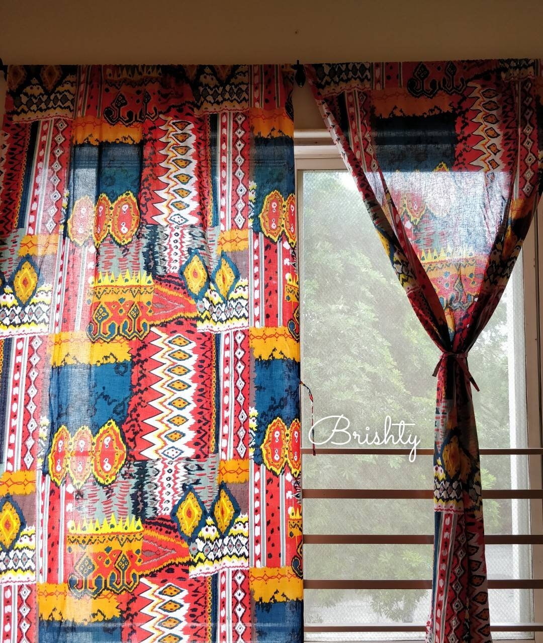 Colorful Bright Red and Navy Eclectic Curtains for Living Room, Bedroom ...