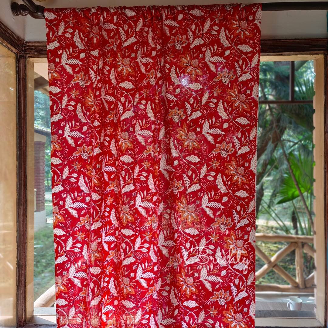 Floral Cottage Vintage Style Red Curtain Panels, Fall Autumn Red ...