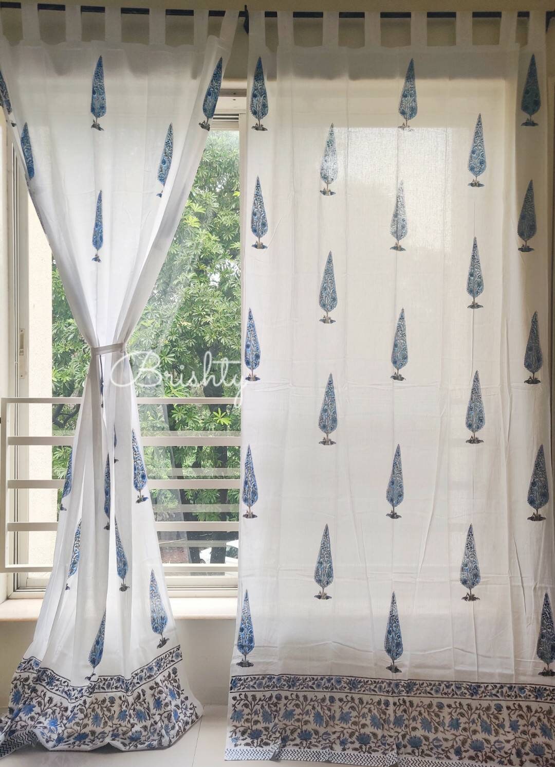 Blue Floral Block Print Curtain Panels • Lightweight Cotton Curtains ...