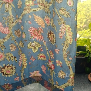 Powder Blue Semi Sheer Curtain With Hand Printed Floral Trails, Nature ...