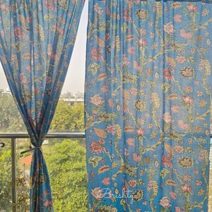 Powder Blue Semi Sheer Curtain With Hand Printed Floral Trails, Nature ...