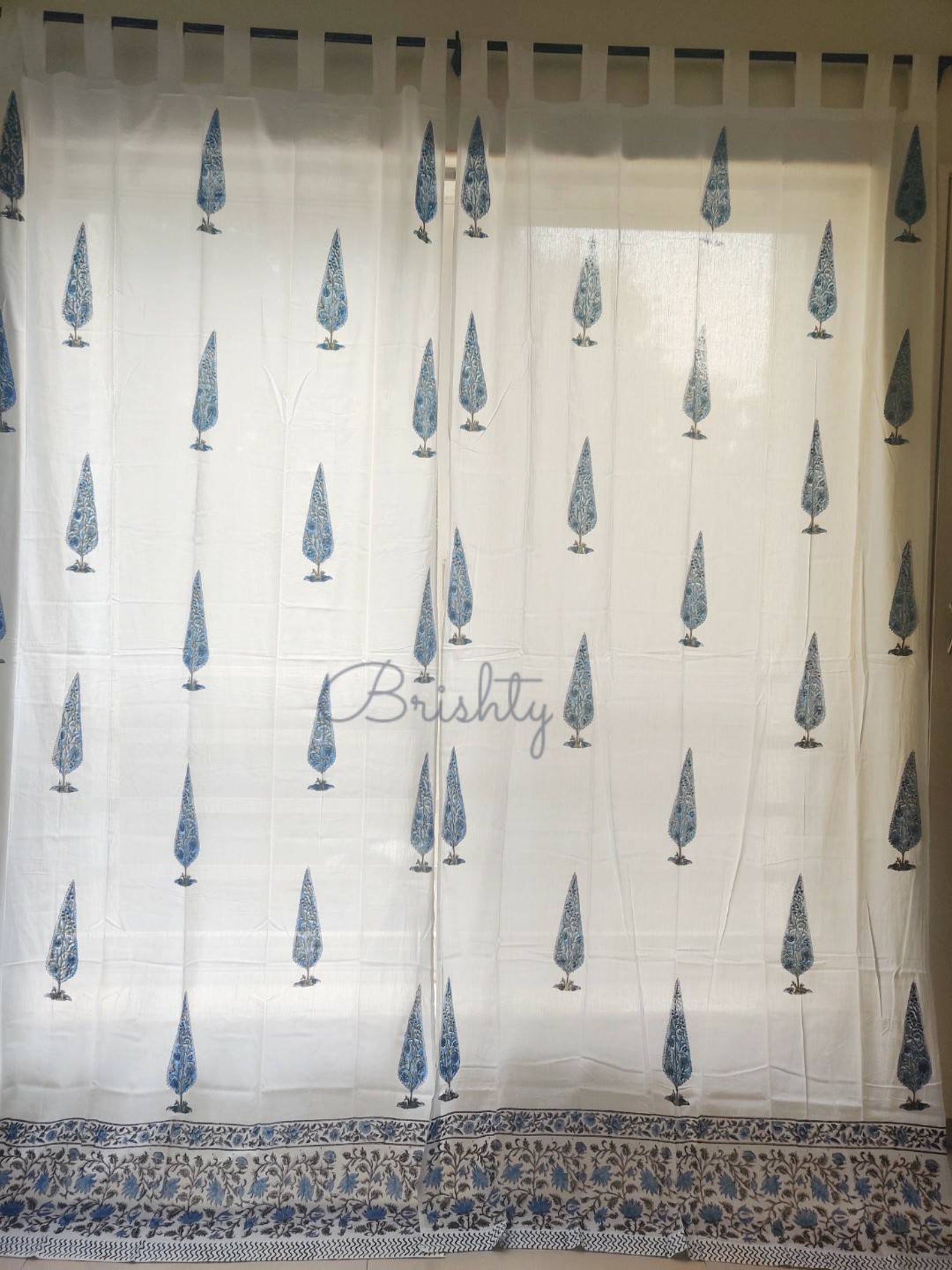 Blue Floral Block Print Curtain Panels • Lightweight Cotton Curtains ...