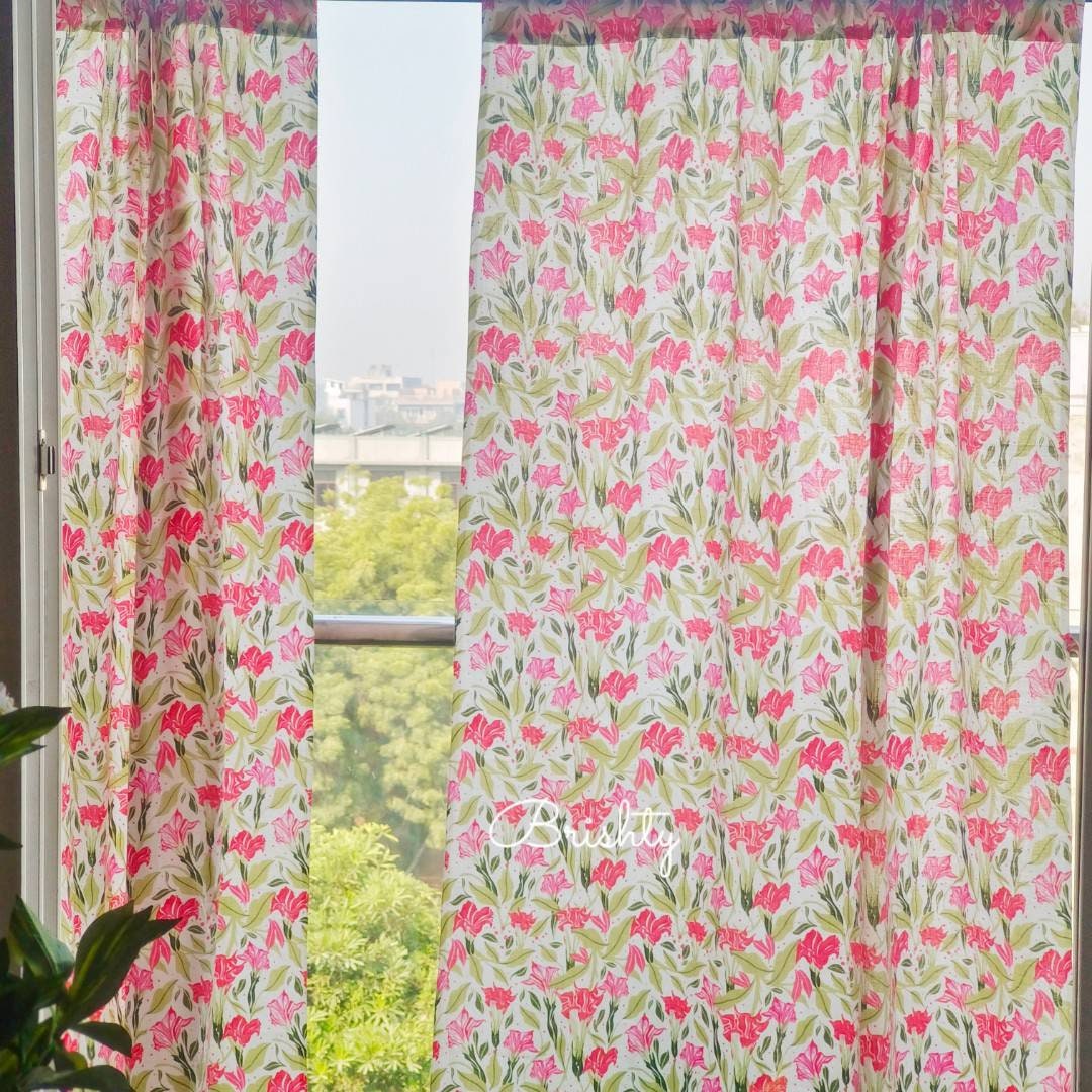 Bright Pink and Green Floral Spring Summer Curtains, Light and Airy ...