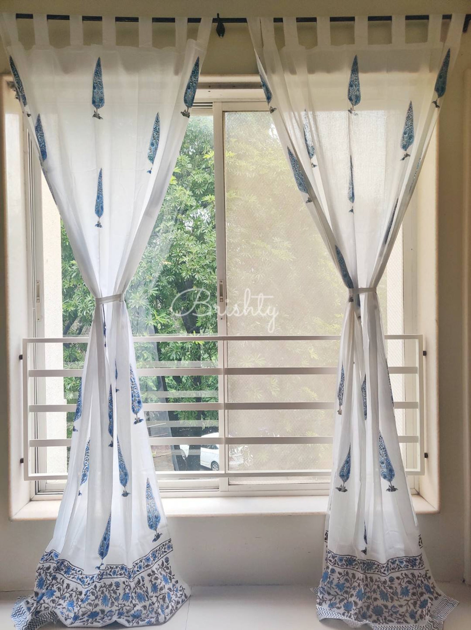 Blue Floral Block Print Curtain Panels • Lightweight Cotton Curtains ...