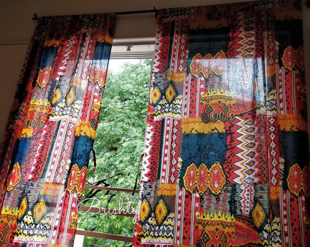 Colorful Bright Red and Navy Eclectic Curtains for Living Room, Bedroom ...
