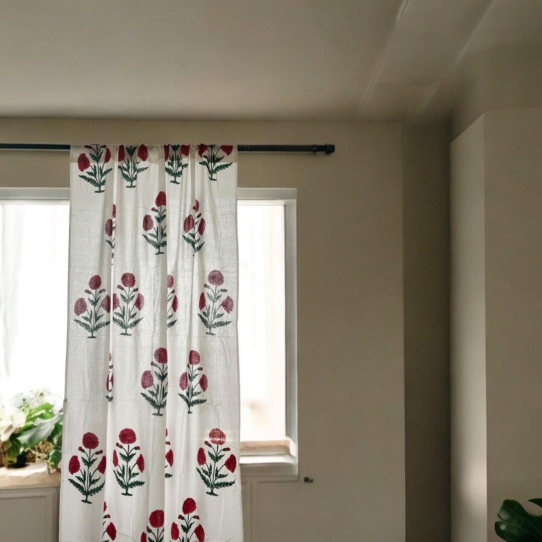 Red Poppy Floral Block Printed Curtains, Bohemian Summer Curtains ...