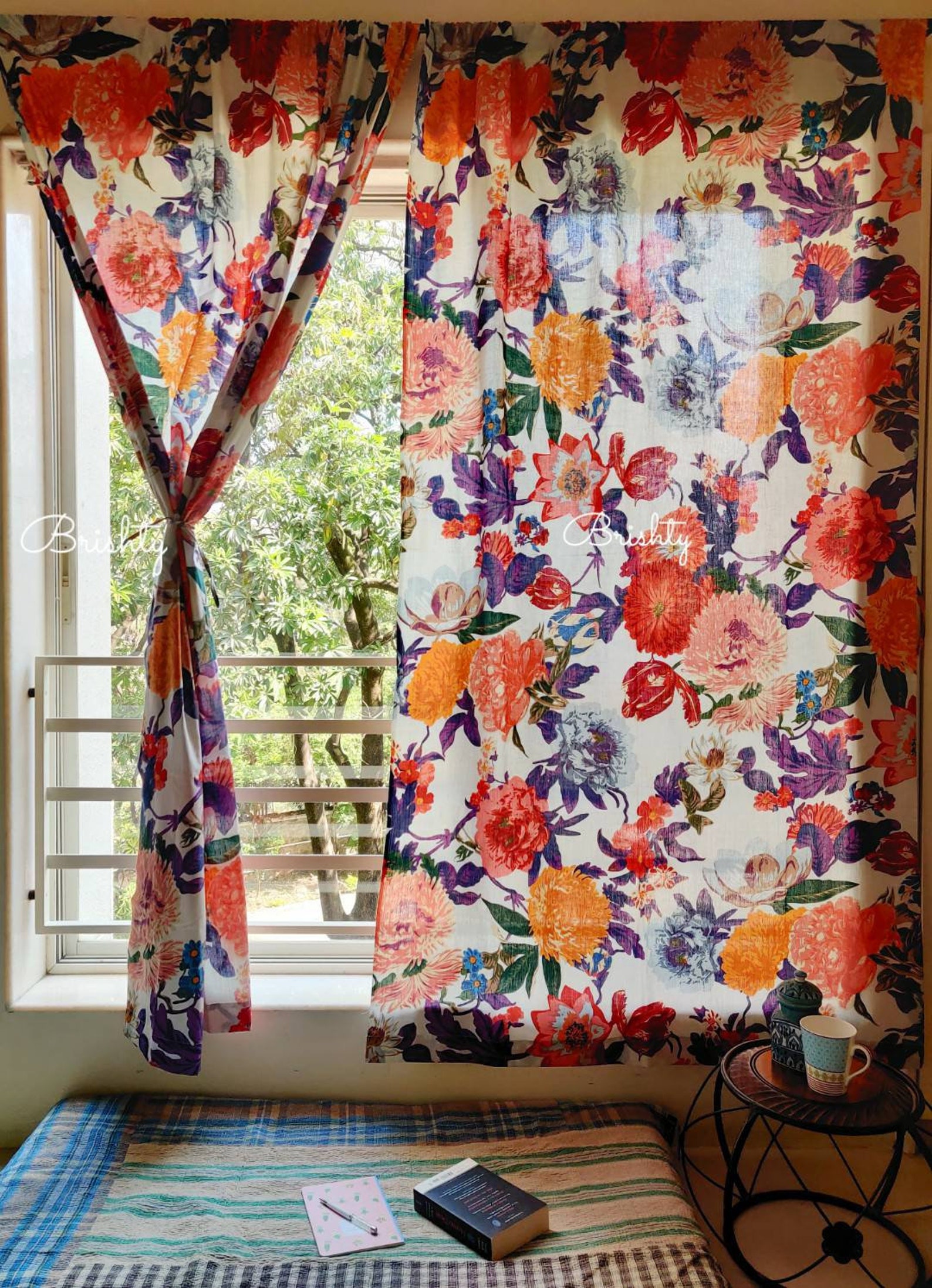 Colorful Floral Curtains With Big Bold Flowers, Cottage Style Semi ...