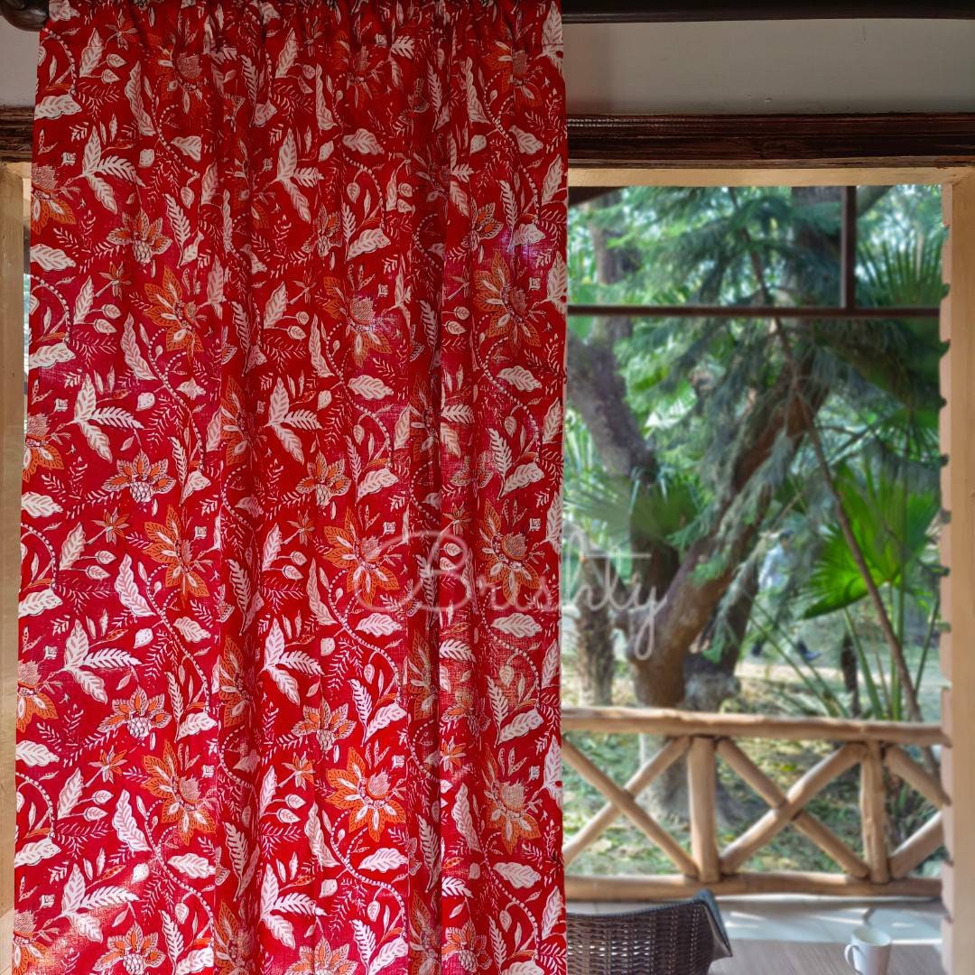 Floral Cottage Vintage Style Red Curtain Panels, Fall Autumn Red ...