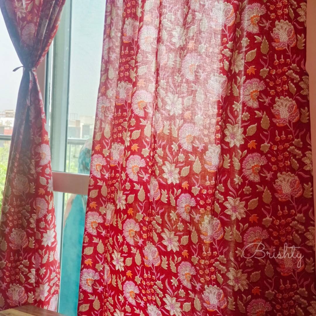Red Floral Semi Sheer Cottage Style Curtains - Etsy
