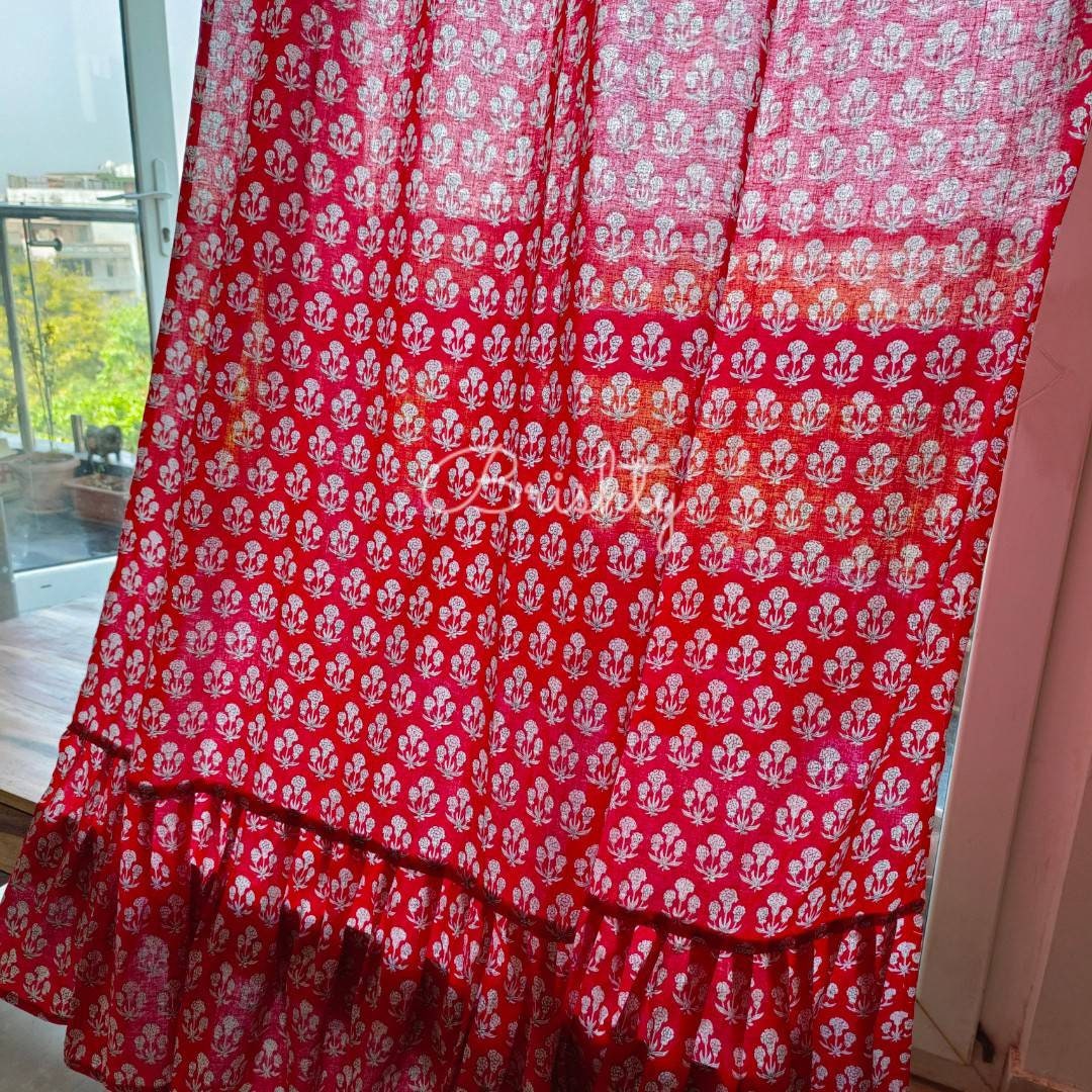 Floral Red Ruffle Curtain, Semi Sheer Ruffled Curtain, Frill Boho ...