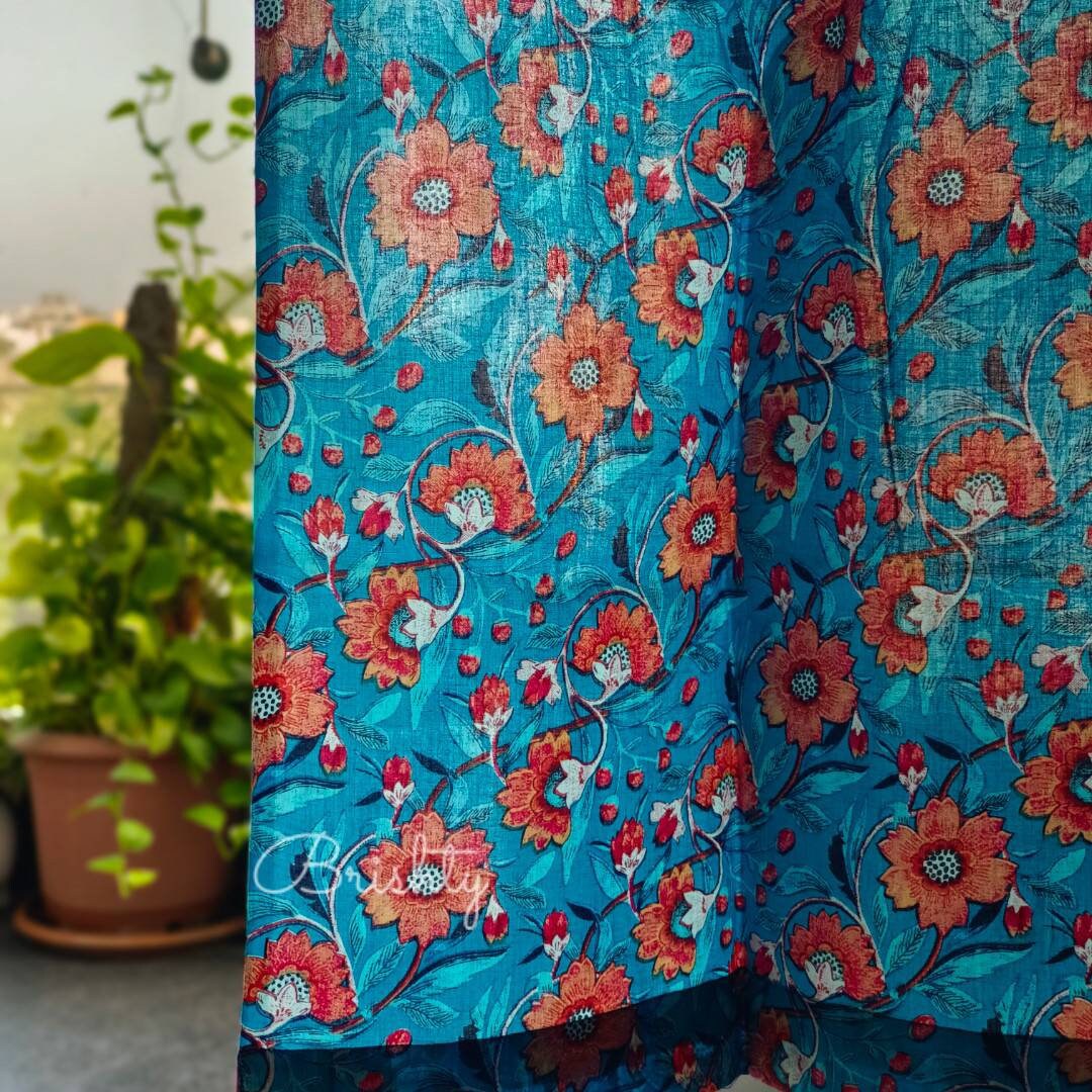 Bright Blue Breezy Semi Sheer Floral Cotton Curtain, Blue and Red ...