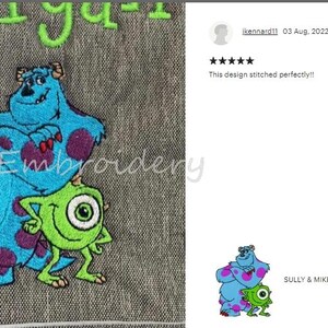 SULLY & MIKE - Single Machine Embroidery Design for 4x4" Hoop in 8 ...