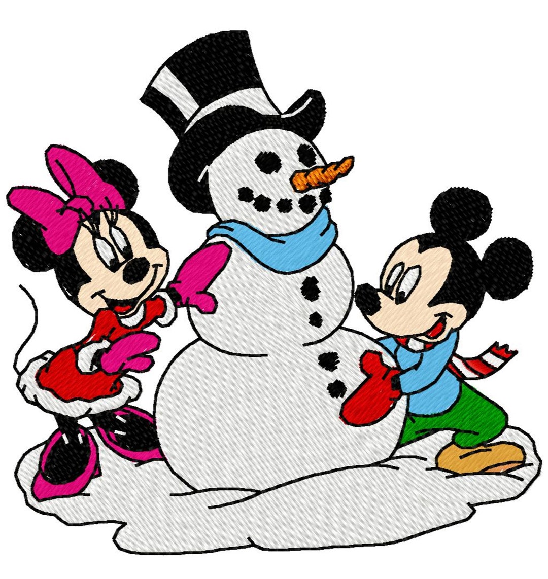 MICKEY, MINNIE & SNOWMAN Single Machine Embroidery Design for 4x4 Hoop ...