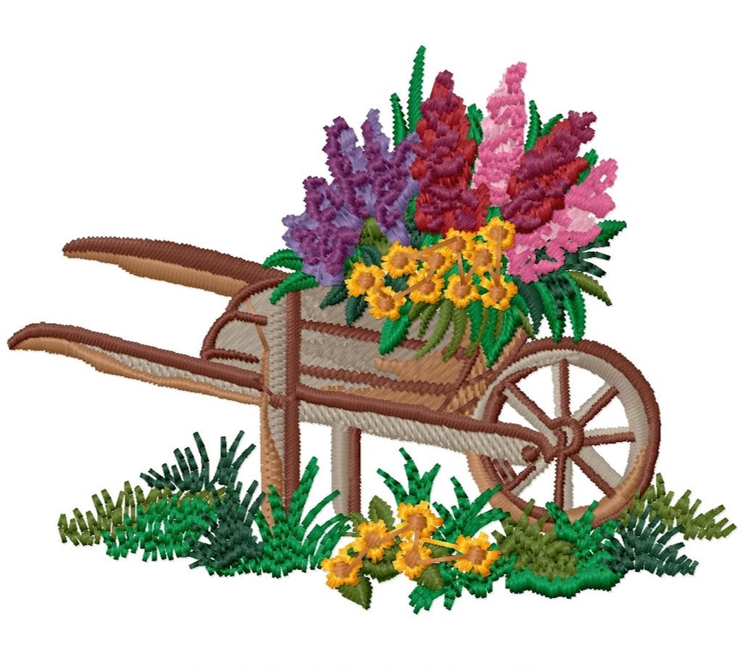 WHEELBARROW WITH FLOWERS - Single Machine Embroidery Design for 4x4 ...