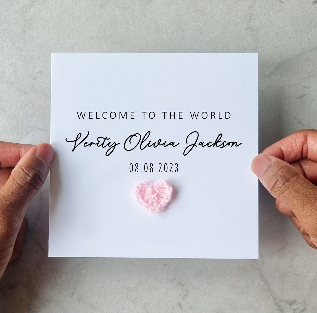 Personalised Crochet New Baby Card - Handmade Crochet Pink Heart - New ...