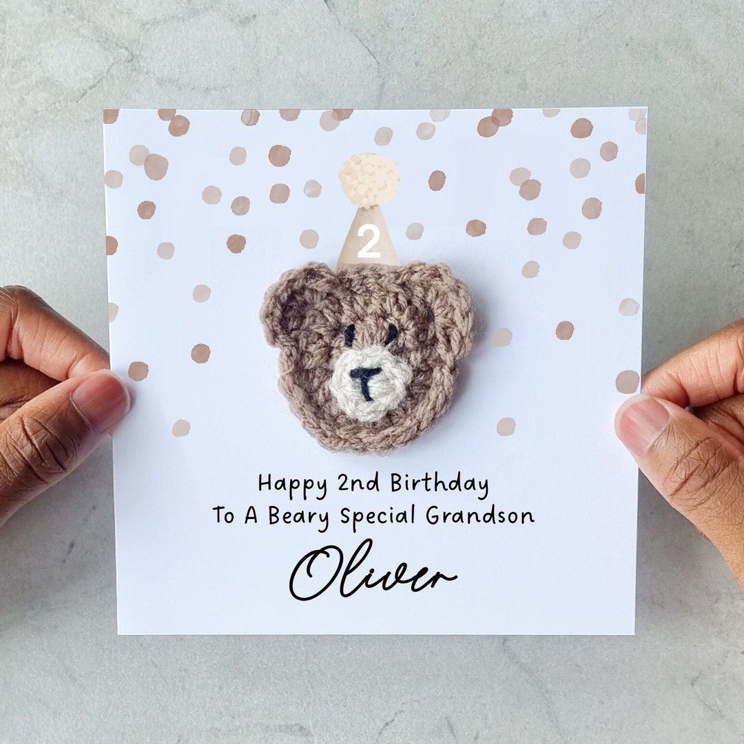 Personalised Grandson 2nd Birthday Card - Handmade Crochet Bear ...
