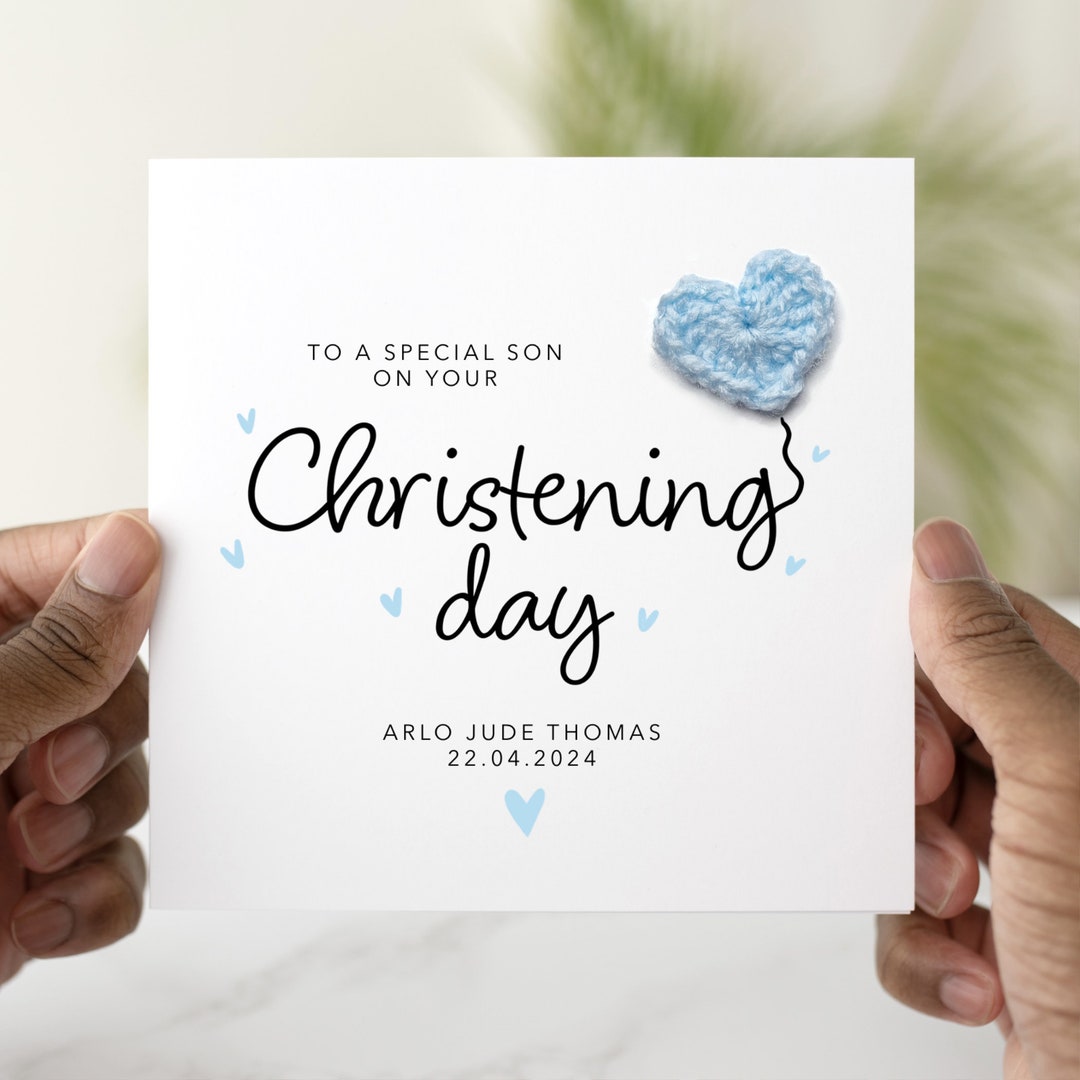 Personalised Son Christening Card - Handmade Crochet Heart ...