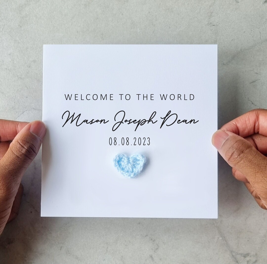 Personalised New Baby Boy Card - Handmade Crochet Blue Heart - New Baby ...