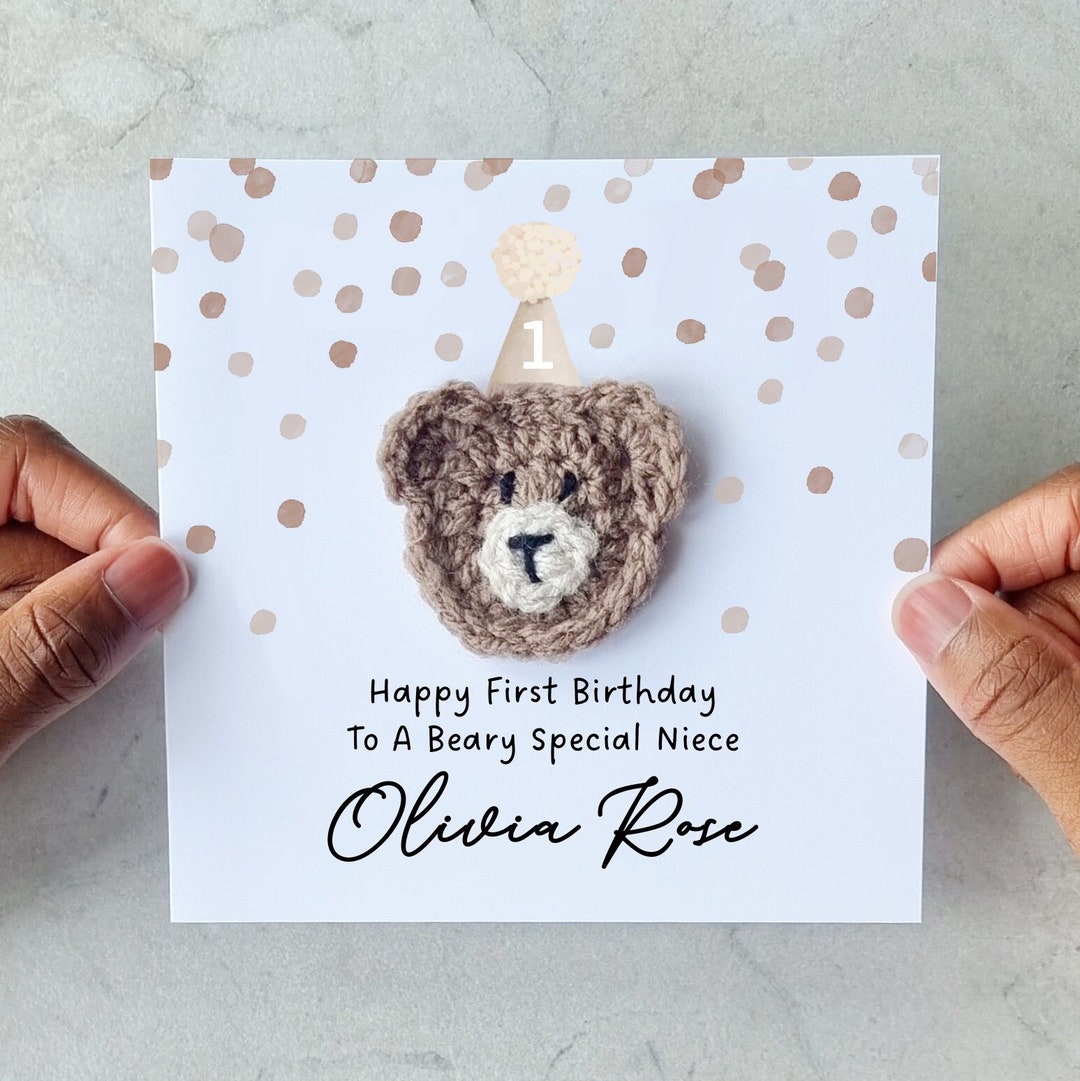 Personalised Crochet Niece 1st Birthday Card - Handmade Crochet Bear ...