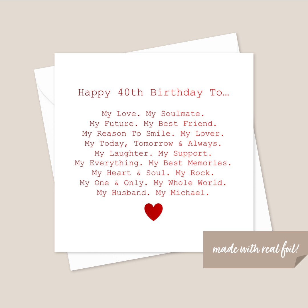 Personalised Romantic Husband 40th Birthday Card Romantic - Etsy