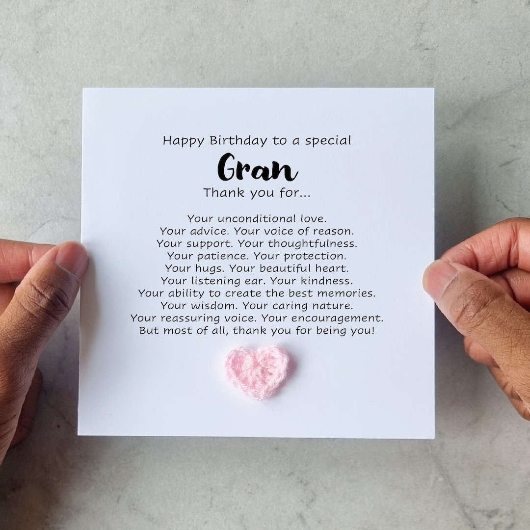 Poem Gran Birthday Card - Handmade Crochet Heart - Card for Gran ...